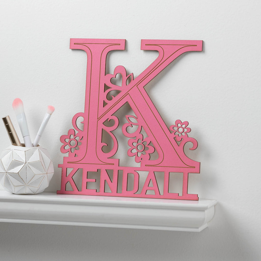 Floral Initial Pink Wood Plaque – Personalized Planet