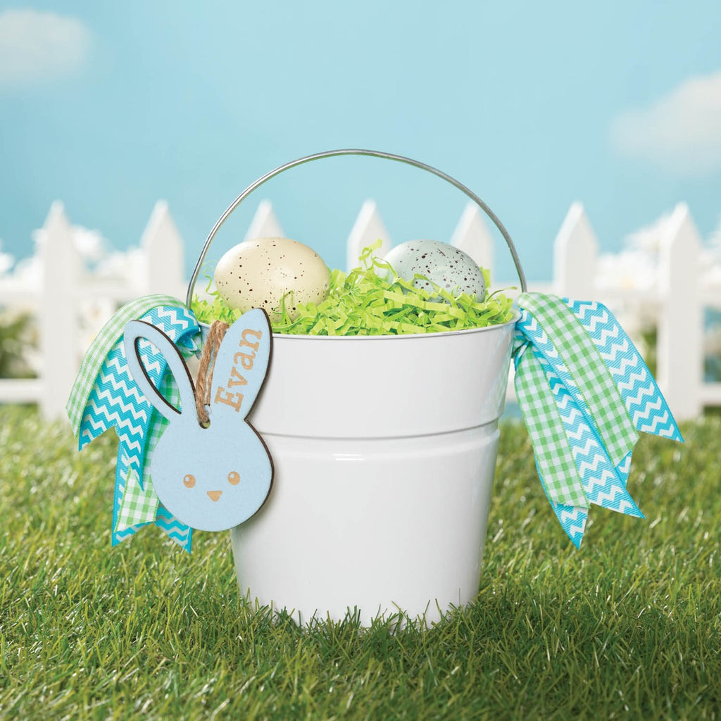Small Metal Bucket with Personalized Blue Wood Tag and Ribbon ...