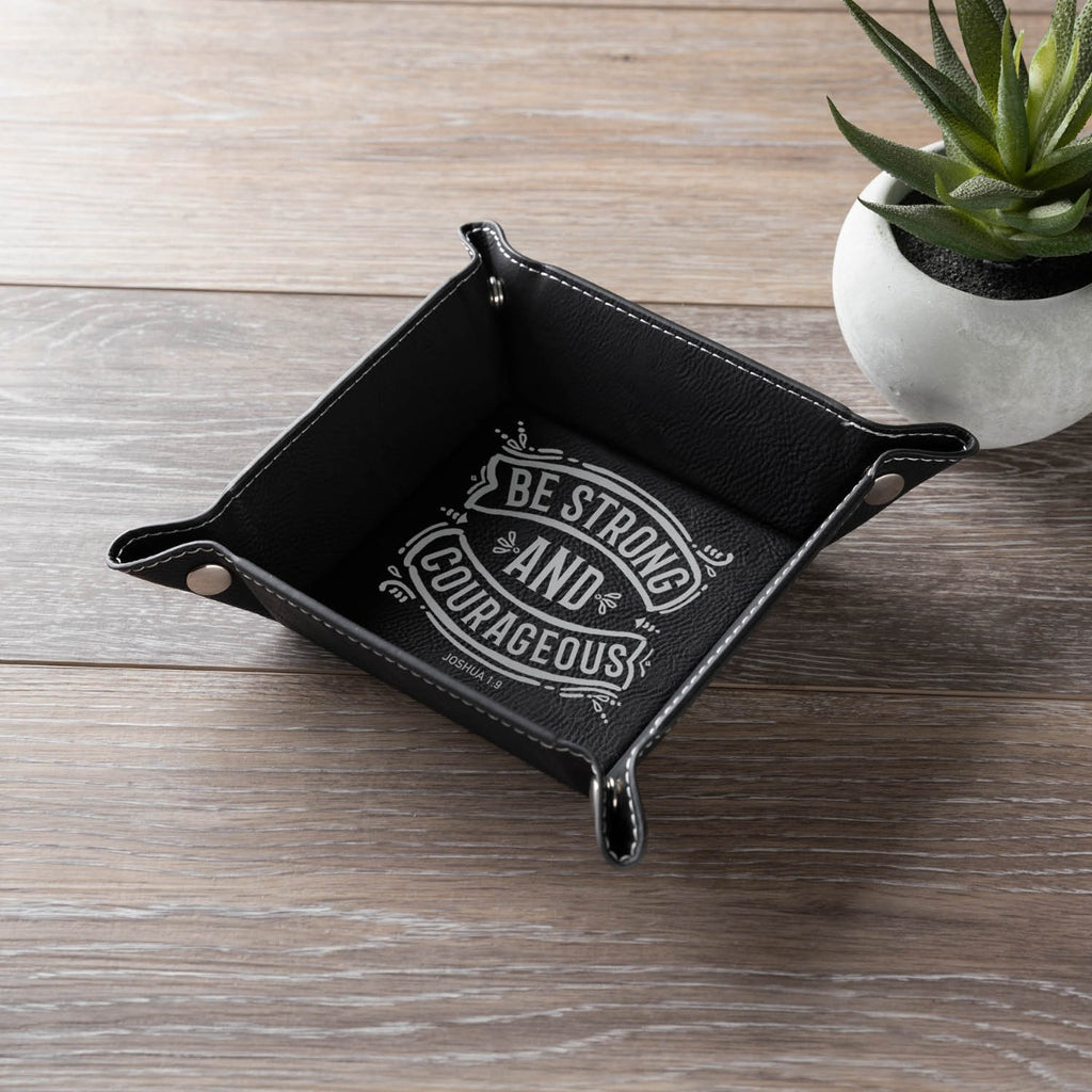 Be Strong And Courageous Gray Leatherette Catch All – Personalized Planet