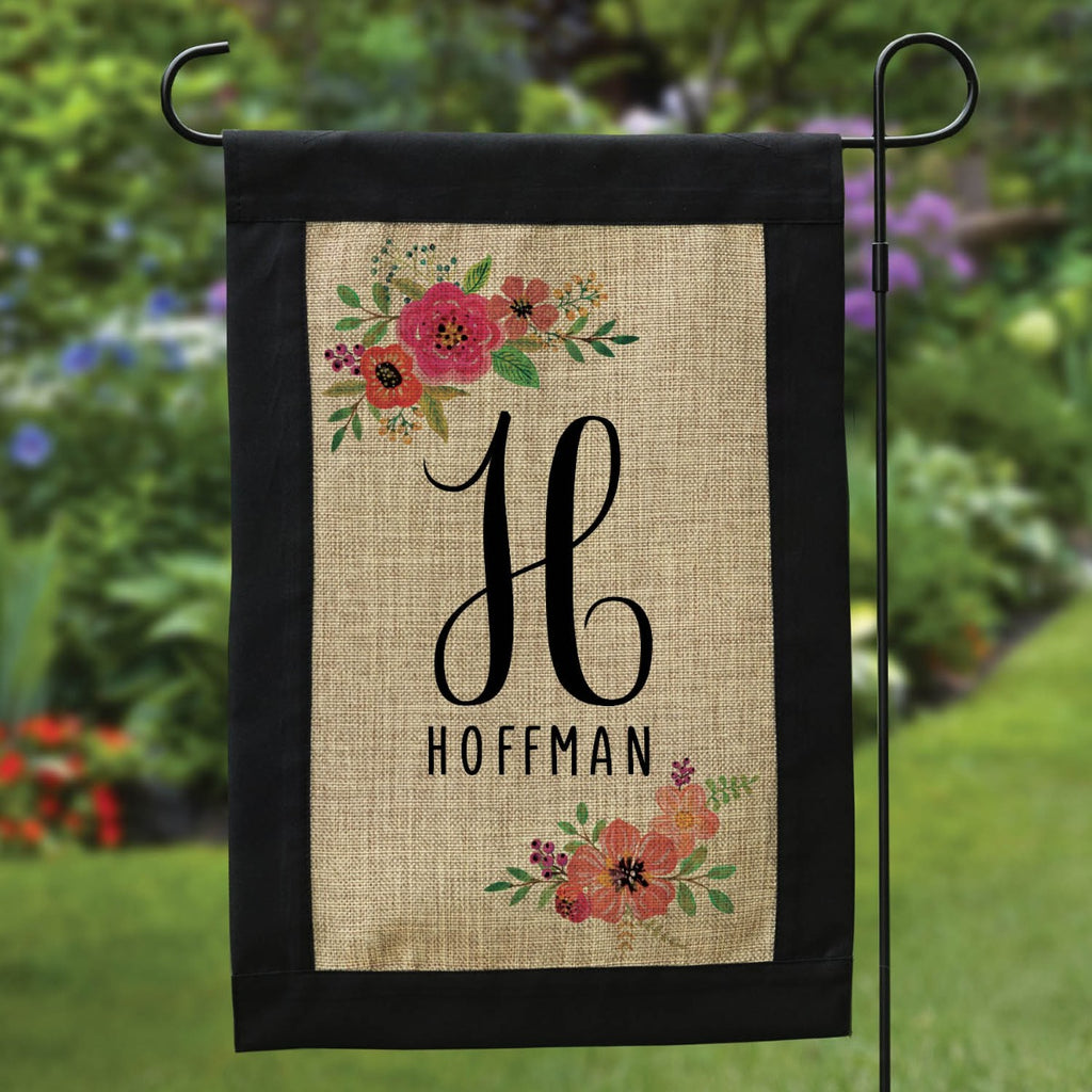 Floral Family Initial And Name Black Garden Flag – Personalized Planet