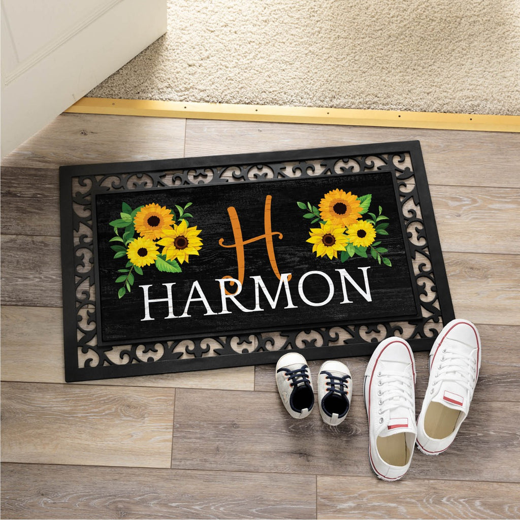 Sunflower Floral Insert and Ornate Rubber Doormat Frame – Personalized ...