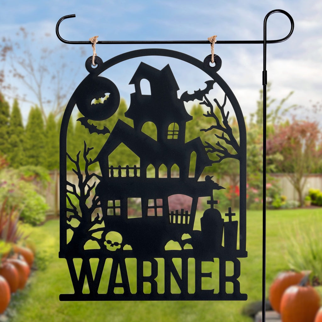 Haunted House Wood Garden Flag – Personalized Planet