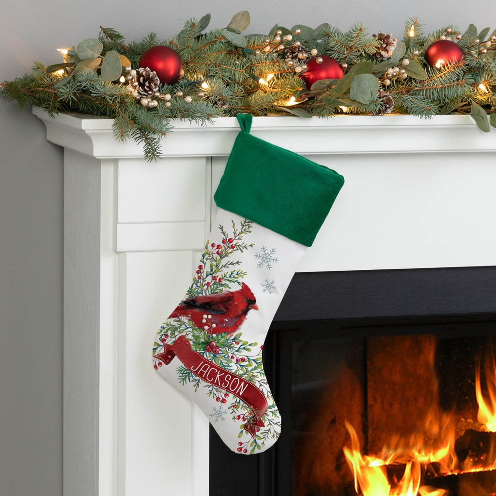Cardinal Winter Foliage Green Cuff Stocking – Personalized Planet