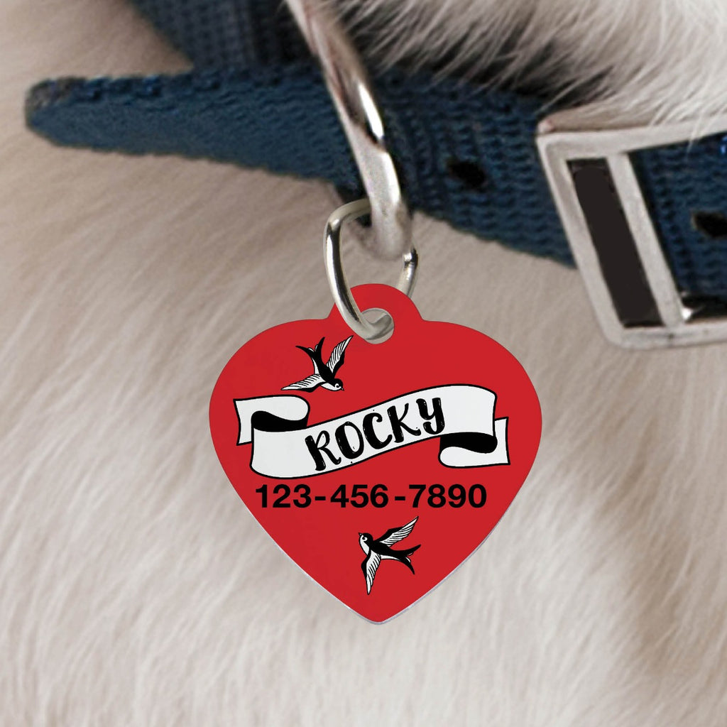 Tattoo Themed Red Heart Shaped Pet Tag – Personalized Planet