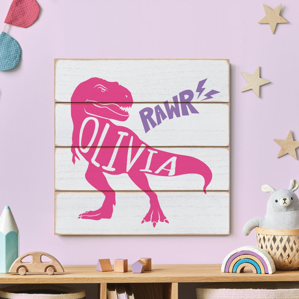 Pink T-Rex Name Wood Wall Art – Personalized Planet