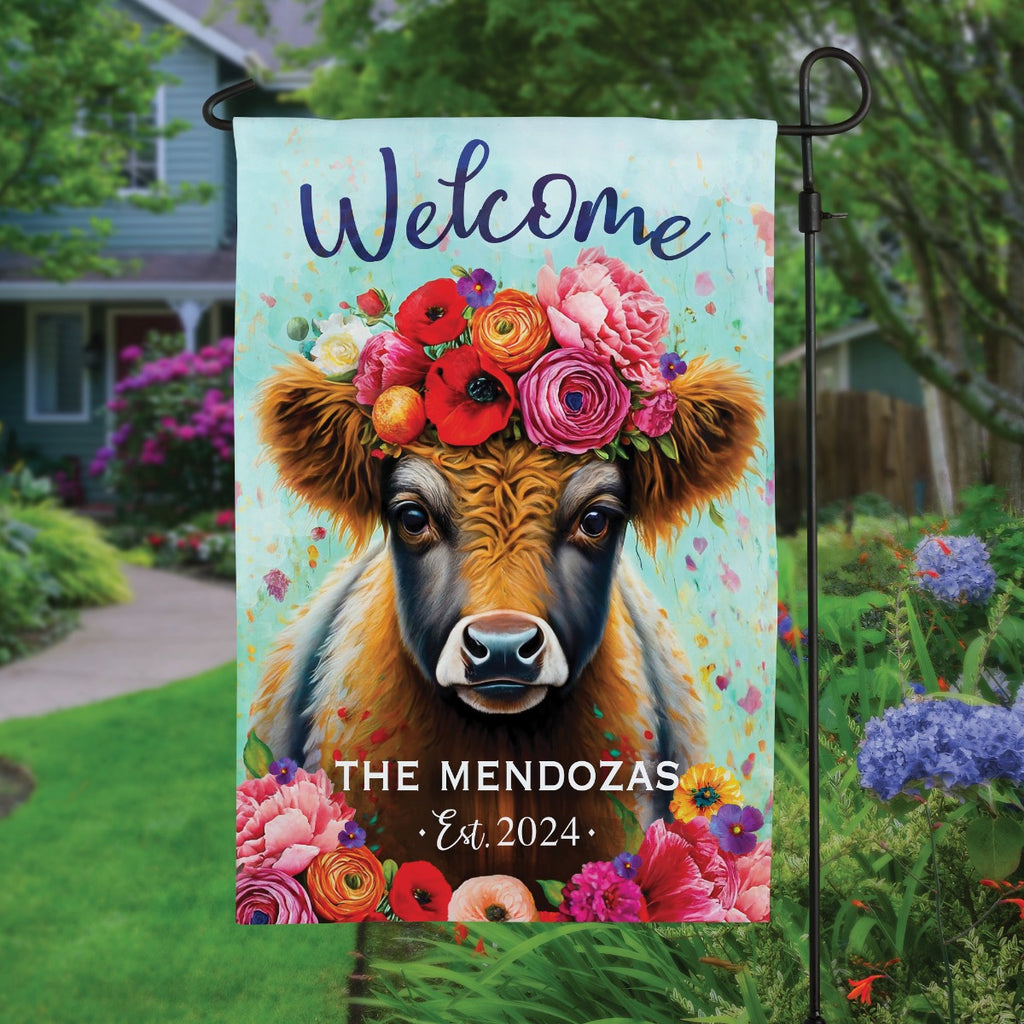 Floral Highland Cow Yard Flag – Personalized Planet