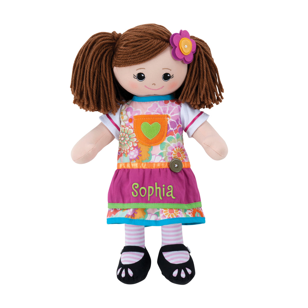 Personalized Brunette Doll with Pink Apron Dress and Hair Clip ...